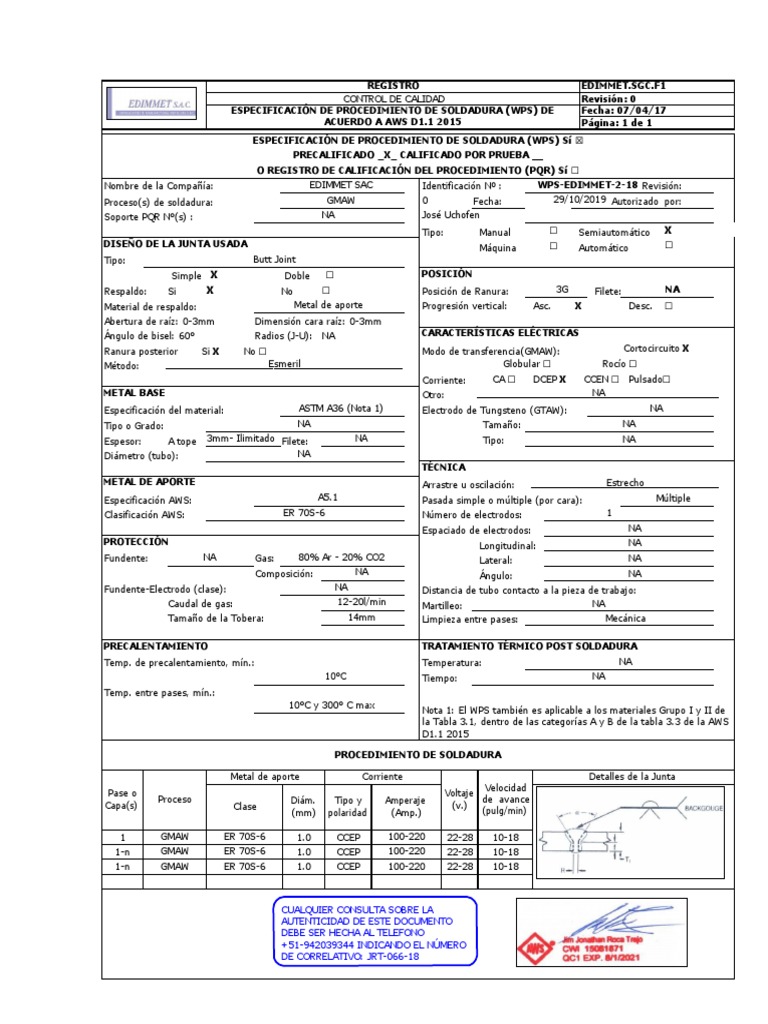 WPS Gmaw D1.1 Tope | PDF | Soldadura | Construcción