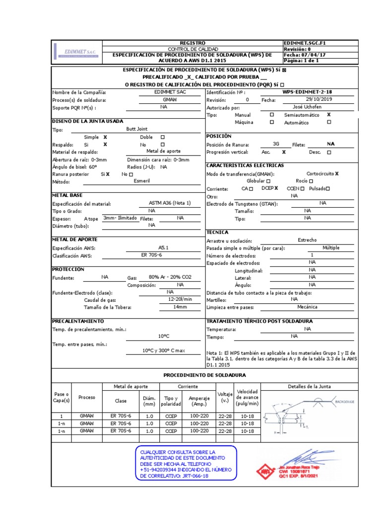 WPS Precalificado AWS D1.1 GMAW | PDF | Soldadura | Construcción