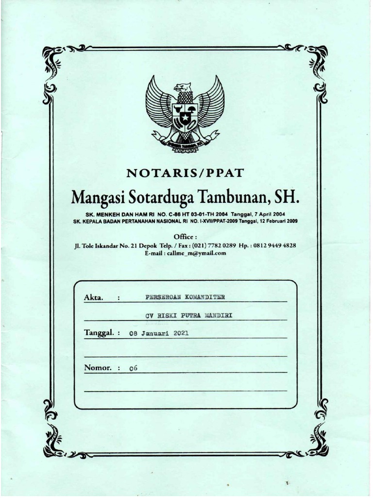 Akta Pendirian CV Riski Putra Mandiri | PDF