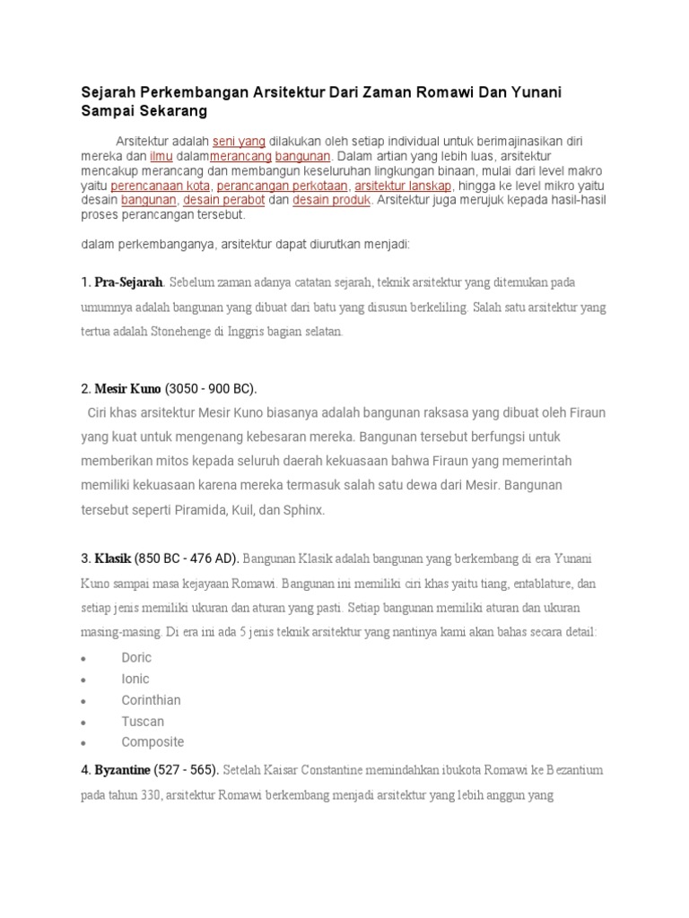 Sejarah Perkembangan Arsitektur Dari Zaman Romawi Dan Yunani Sampai Sekarang | PDF | Perjalanan