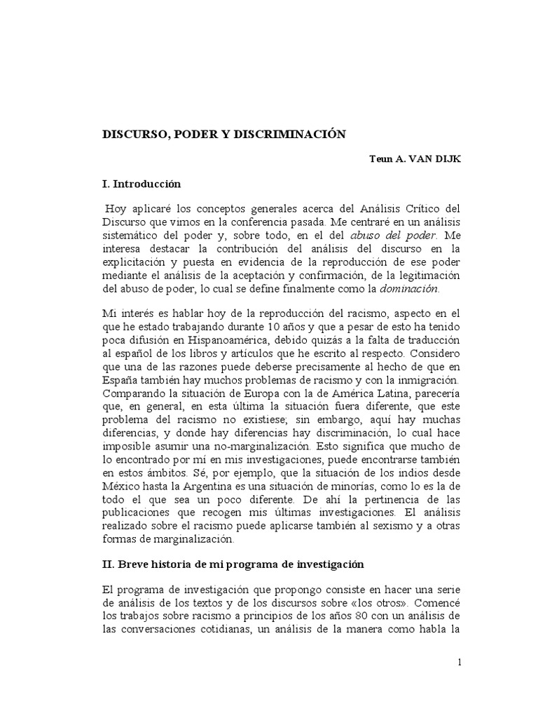 CONFERENCIA DISCURSO, PODER Y DISCRIMACIÓN T. Van Dijk | PDF | Racismo | Discriminación y ...
