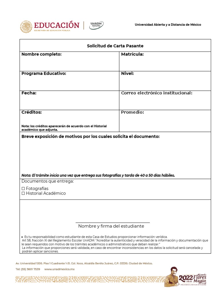 Solicitud Carta Pasante 2022 | PDF