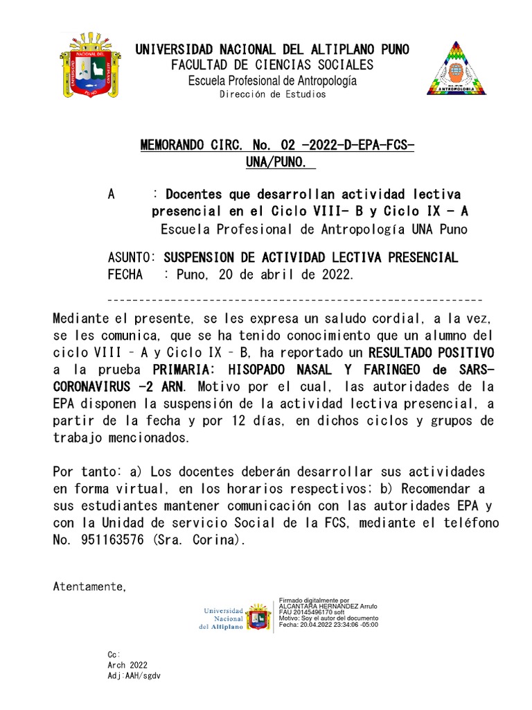 MEMORANDO #002-2022-EPA. Suspension Act Presencial (F) | PDF