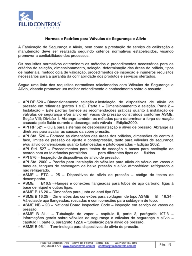 6 Normas e Padrões para Válvulas de Segurança e Alívio | PDF