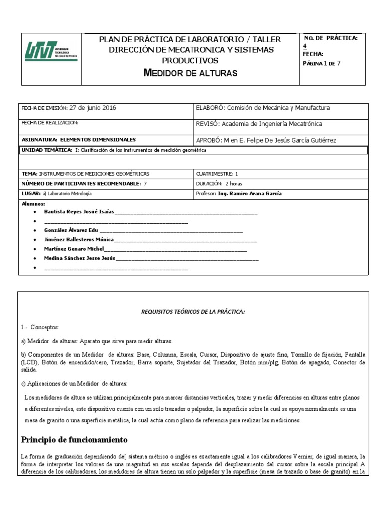Uso y operación del medidor de alturas | PDF | Medición | Laboratorios