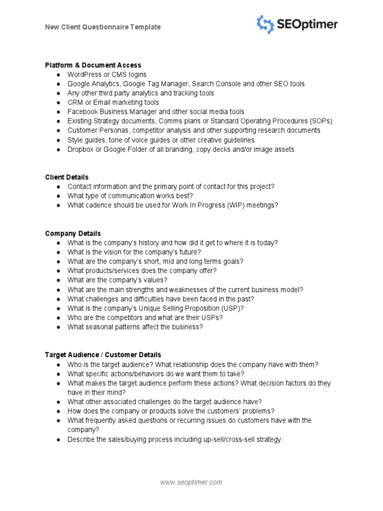 SEOptimer New Client Questionnaire Template | PDF | Target Audience ...
