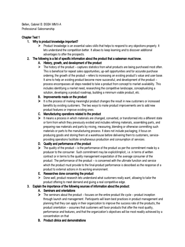 Professional Salesmanship Chapter 1 4 Answer | PDF | Sales | Employment