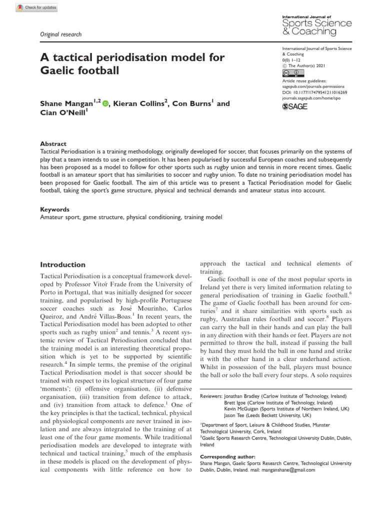A Tactical Periodisation Model For Gaelic Football | PDF