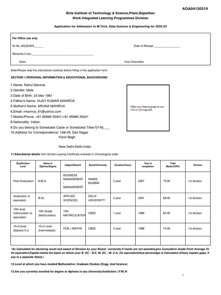 Bits Application Form | PDF | Mentorship | Academic Degree