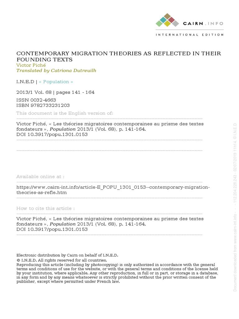 Contemporary Migration Theories As Reflected in Their Founding Texts by Victor Piche | PDF ...