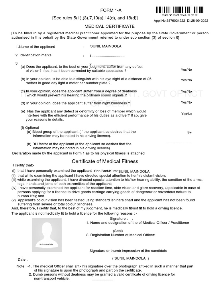 Transport Department. Govt of NCT of Delhi: Form 1-A (See Rules 5 (1 ...