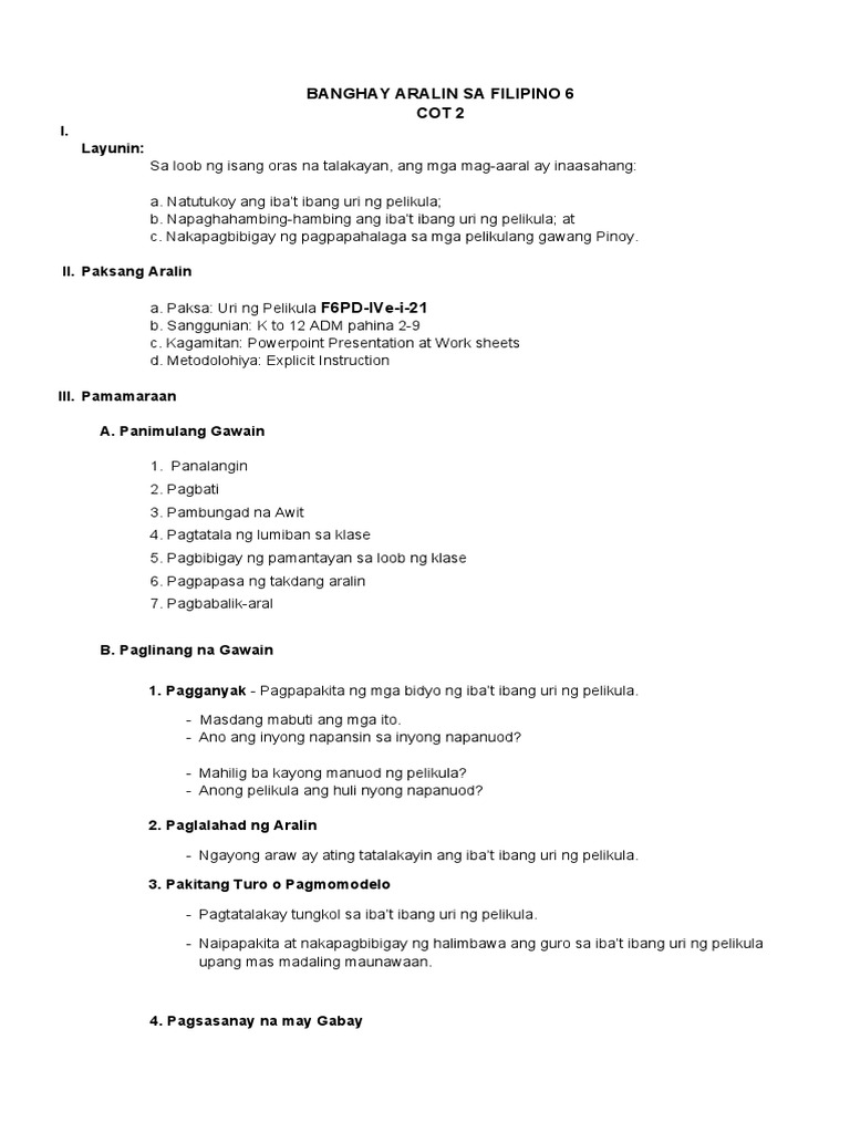 BANGHAY ARALIN SA FILIPINO 6 New | PDF