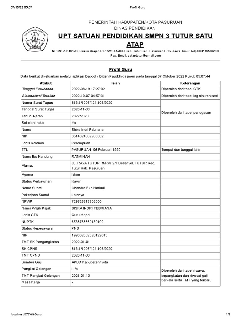 Profil Guru - Siska Indri Febriana, S.PD | PDF