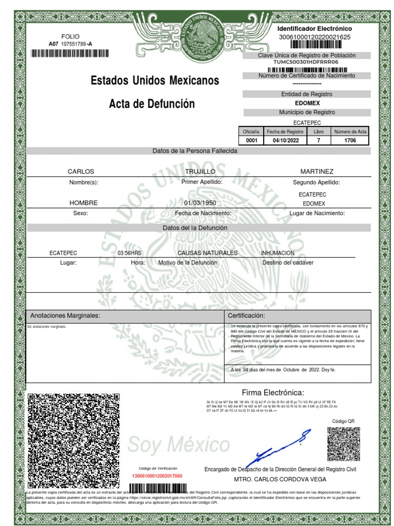 Estados Unidos Mexicanos Acta de Defunción: Ecatepec | PDF | Documento ...