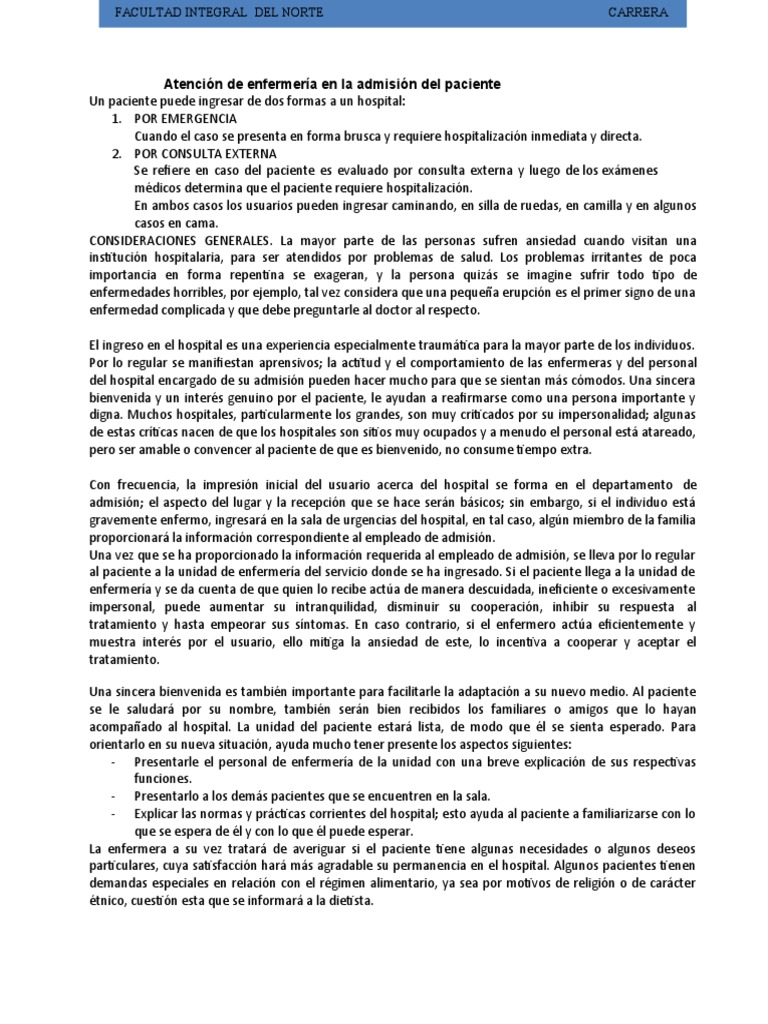 Admision y Alta Del Paciente | PDF | Hospital | Enfermería