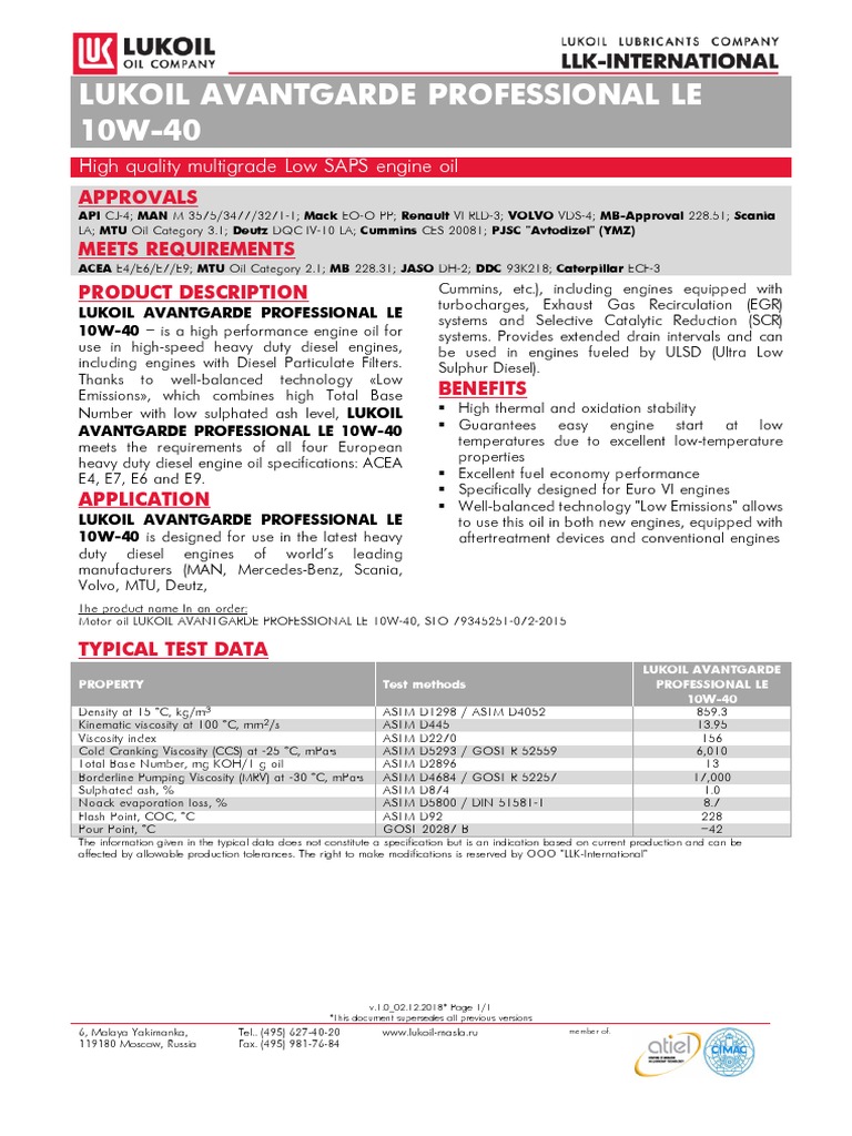 LUKOIL Avantgarde Professional LE 10W-40 | PDF | Motor Oil | Engines