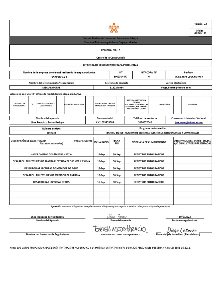 GFPI-F-147 Formato Bitácora Etapa Productiva 6 | PDF