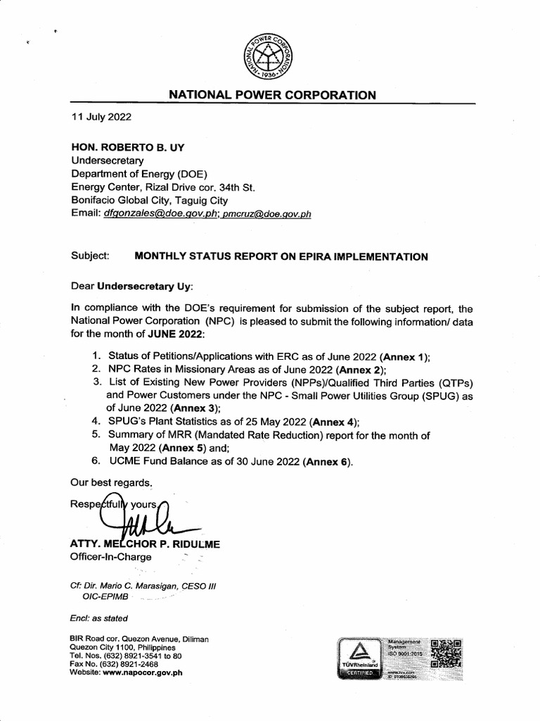 CAG-SBP-22-174 - Monthly Status On EPIRA Implementatio June 2022 | PDF | Economies
