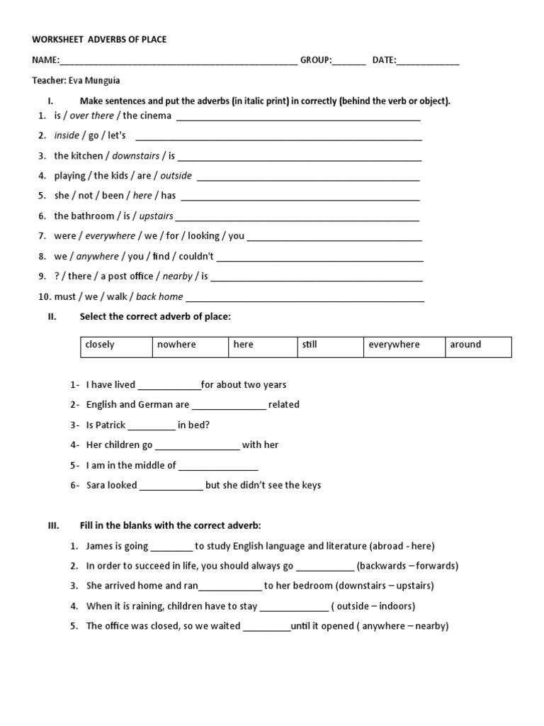 Adverbs of Place Worksheet | PDF | Language Arts & Discipline