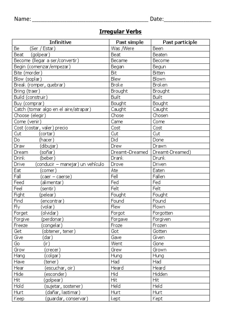 Irregular Verbs, 5º Básico | PDF | Language Mechanics | Syntax