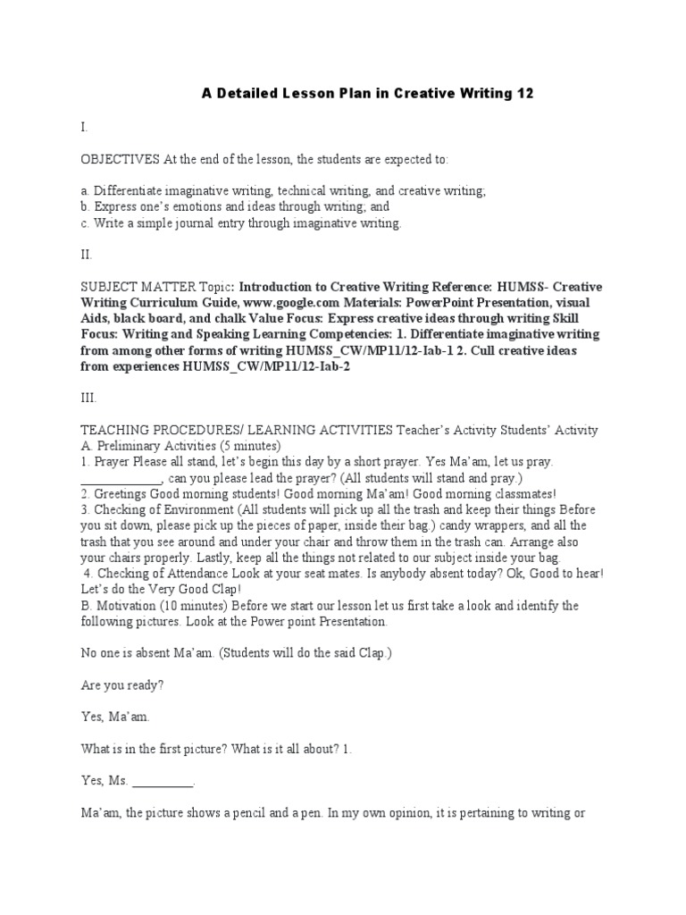 Creative Writing Lesson Plan Overview | PDF | Essays | Thought