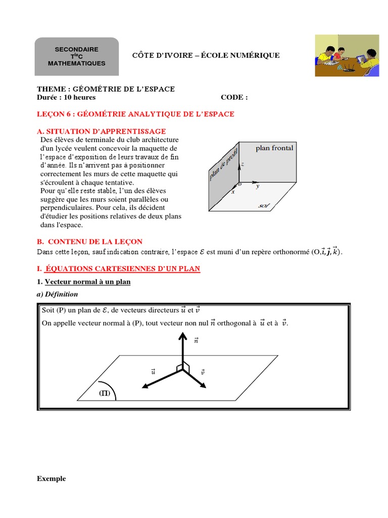 TC Maths Leçon 05 Géometrie Analytique de Lespace | PDF | Plan ...