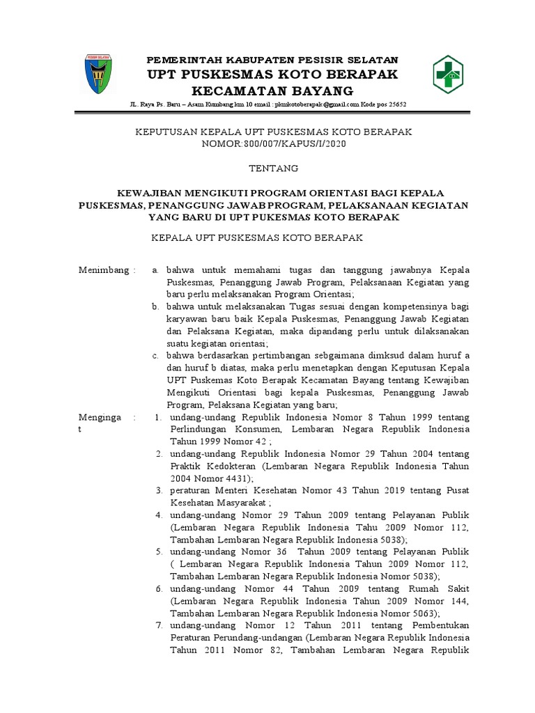 2.3.5.1 SK 2020 Kepala Puskesmas Tentang Pelaksanaan Kegiatan Orientasi Baru | PDF