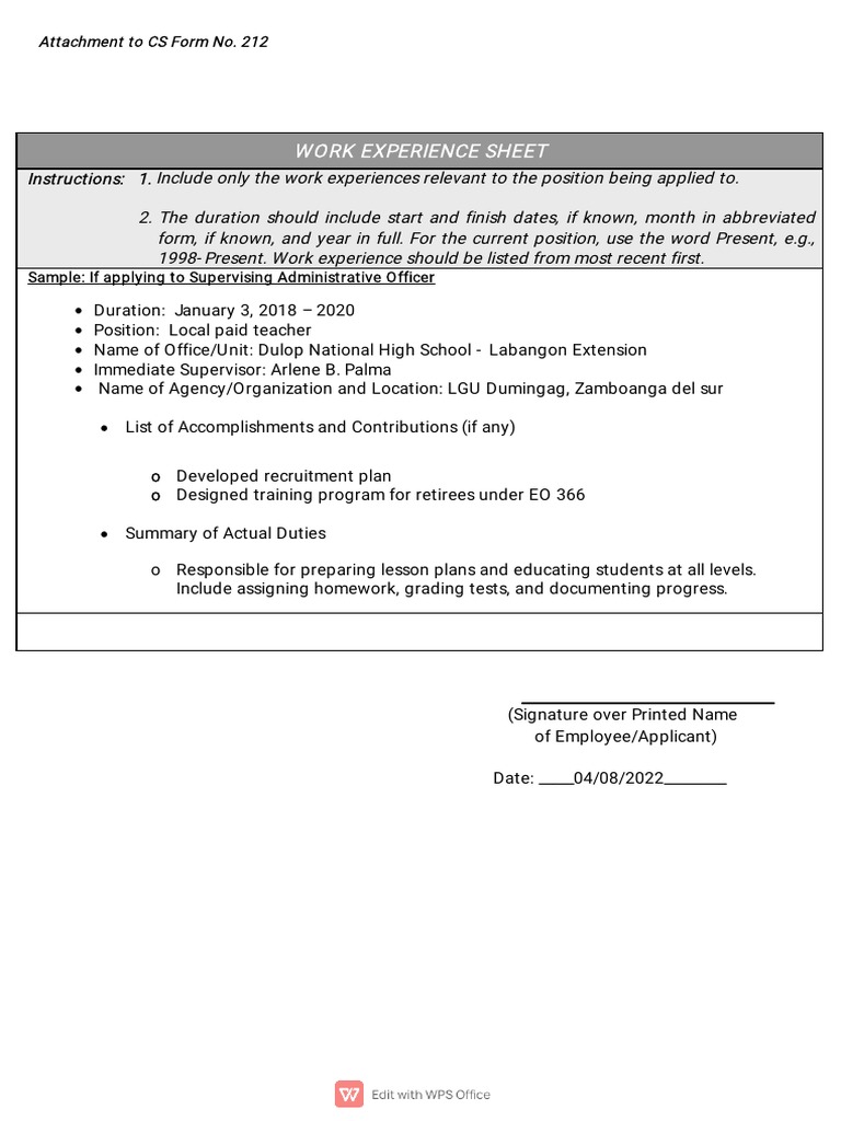 Cs Form No. 212 Attachment - Work Experience Sheet | PDF