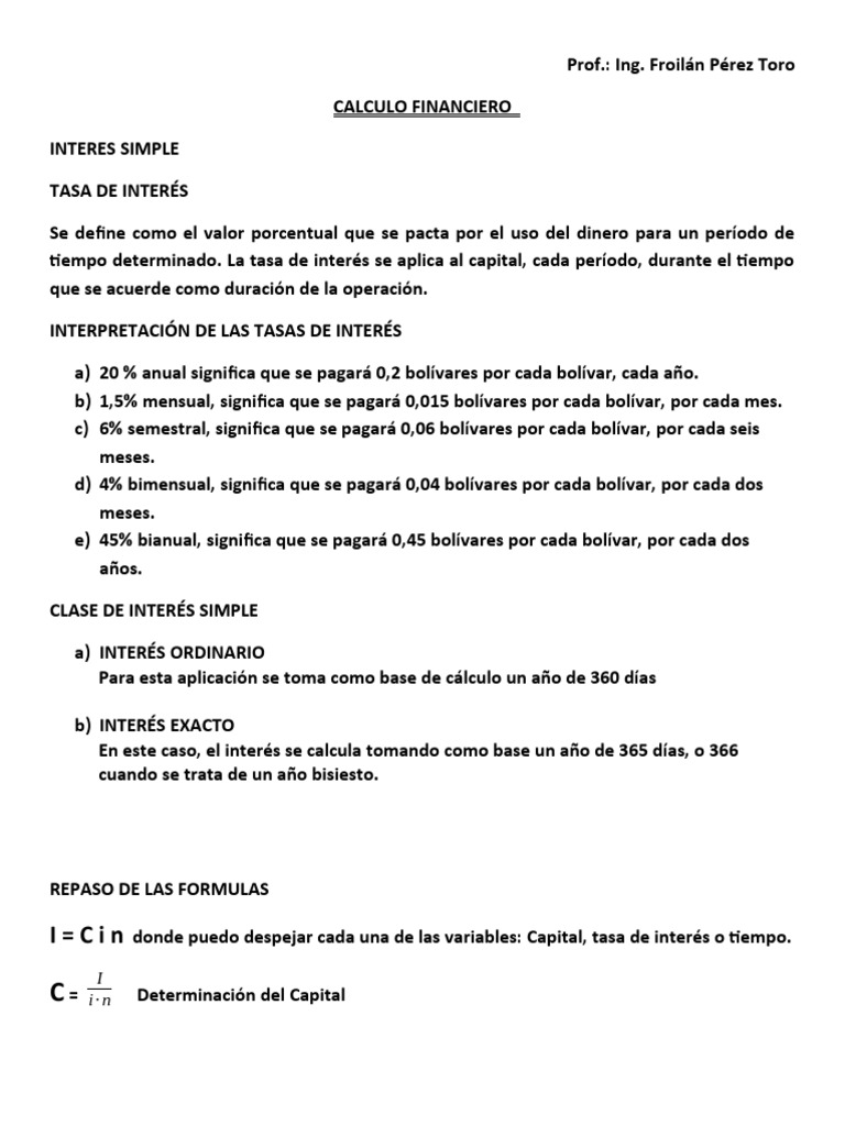 Calculo de interés simple con fórmulas y ejemplos | PDF | Interés ...