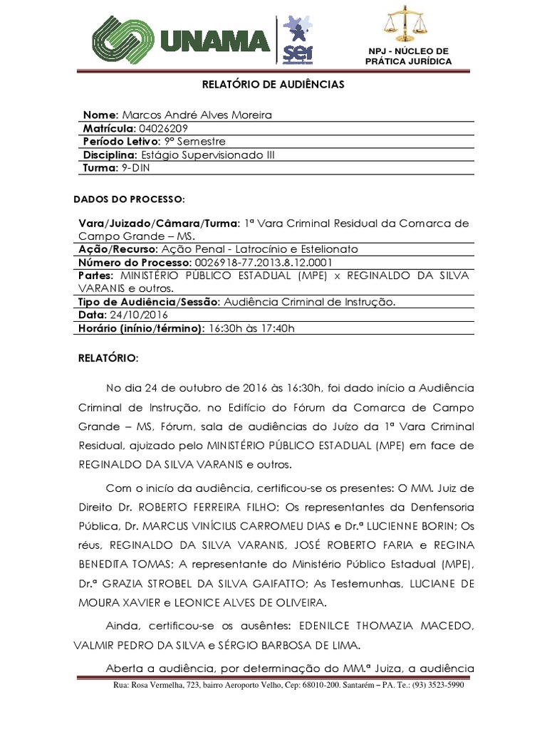 Relatório da Audiência Criminal de Instrução no Processo de Latrocínio ...