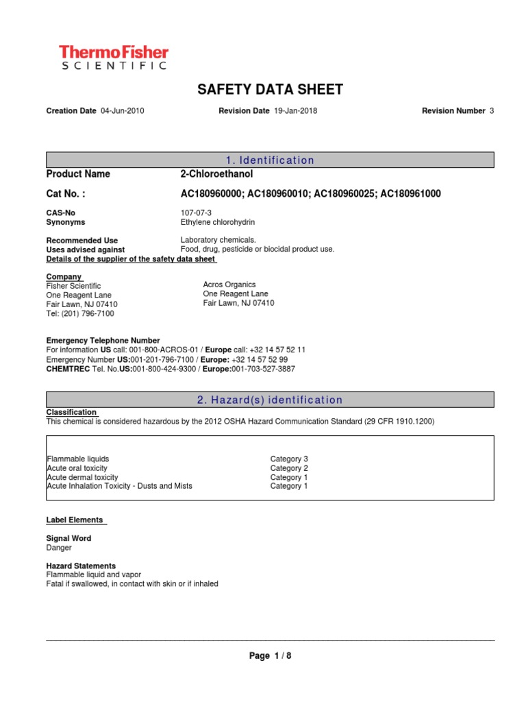 2-Chloroethanol MSDS | PDF | Combustion | Firefighting