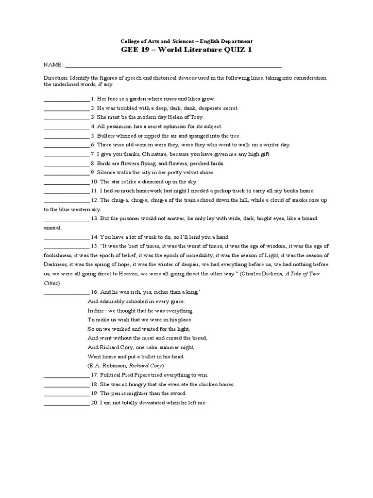 Quiz On Figurative Language and Rhetorical Devices | PDF | Mystery ...