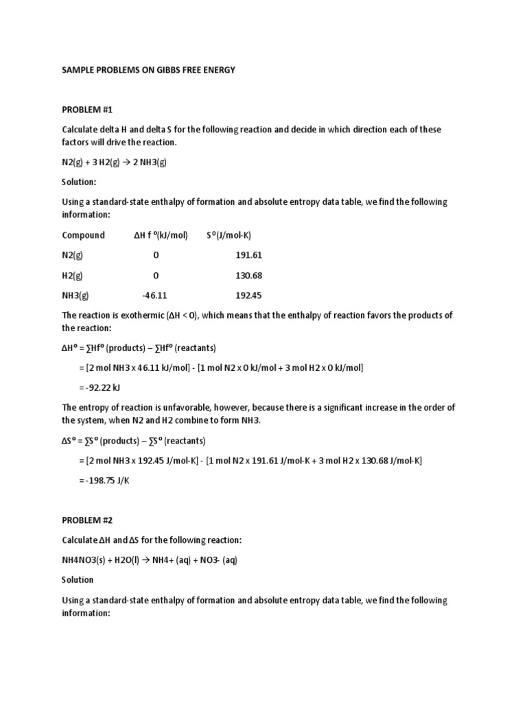 Gibbs Free Energy Problem Set | PDF | Enthalpy | Chemical Reactions