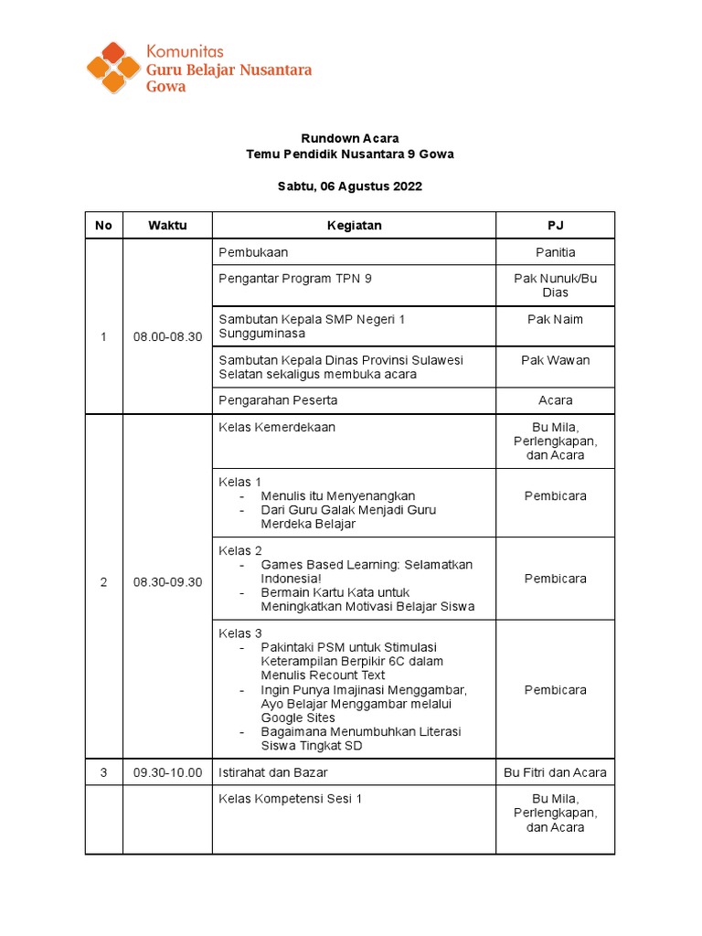 Rundown Acara TPN 9 Gowa | PDF