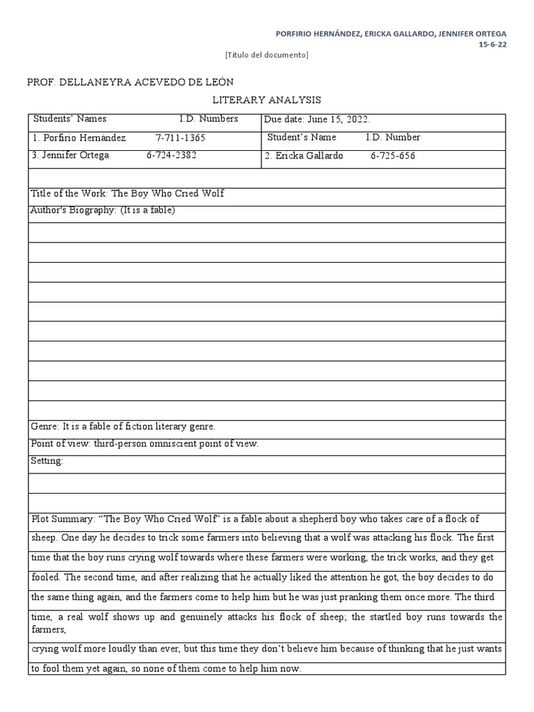 Literary Analysis - The Boy Who Cried Wolf | PDF | Narration | Verb