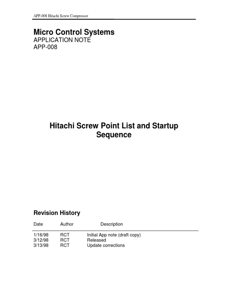 APP008 - Hitachi Screw Point List and Startup Sequence | PDF | Pump | Relay