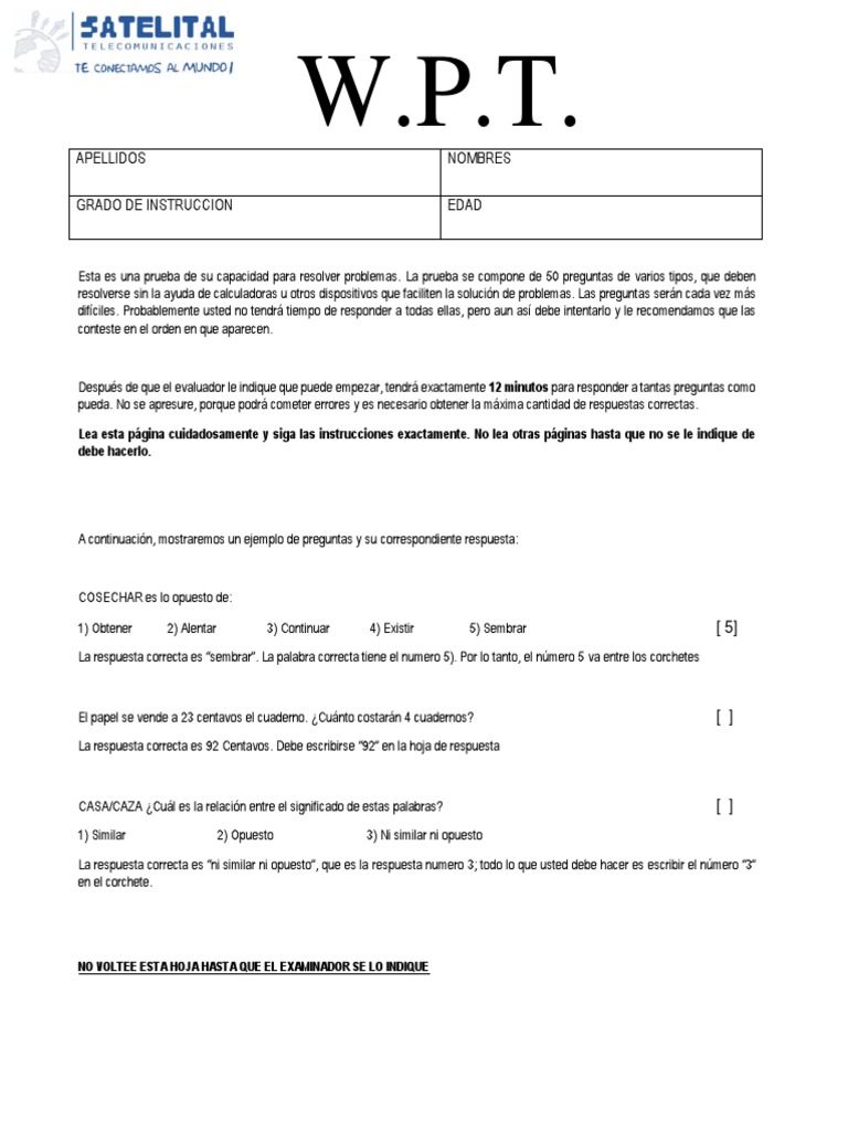 Test de Wpt-Cuestionario | PDF