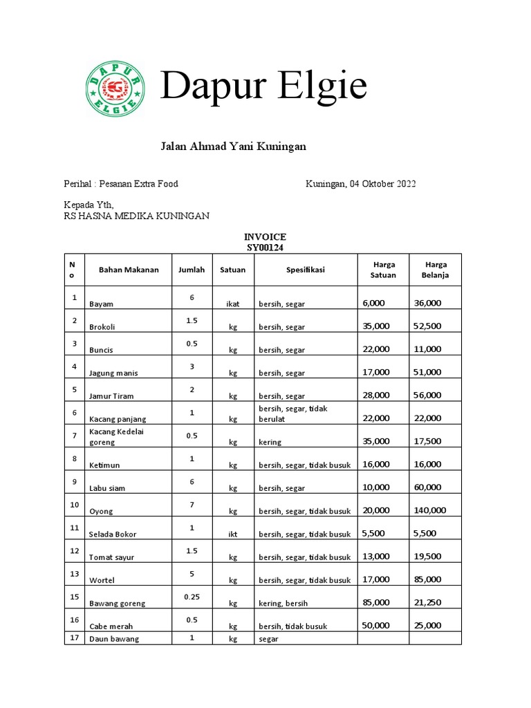Invoice Dapur Elgie - Sayur | PDF