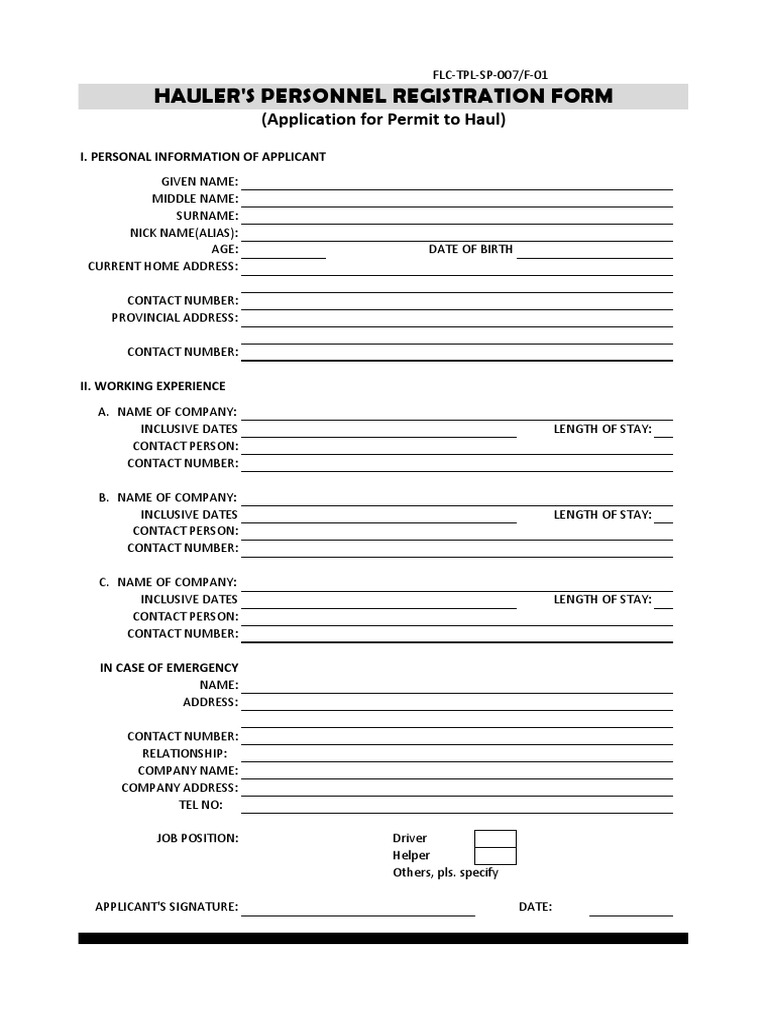 Hauler's Personnel Registration Form - NEW | PDF