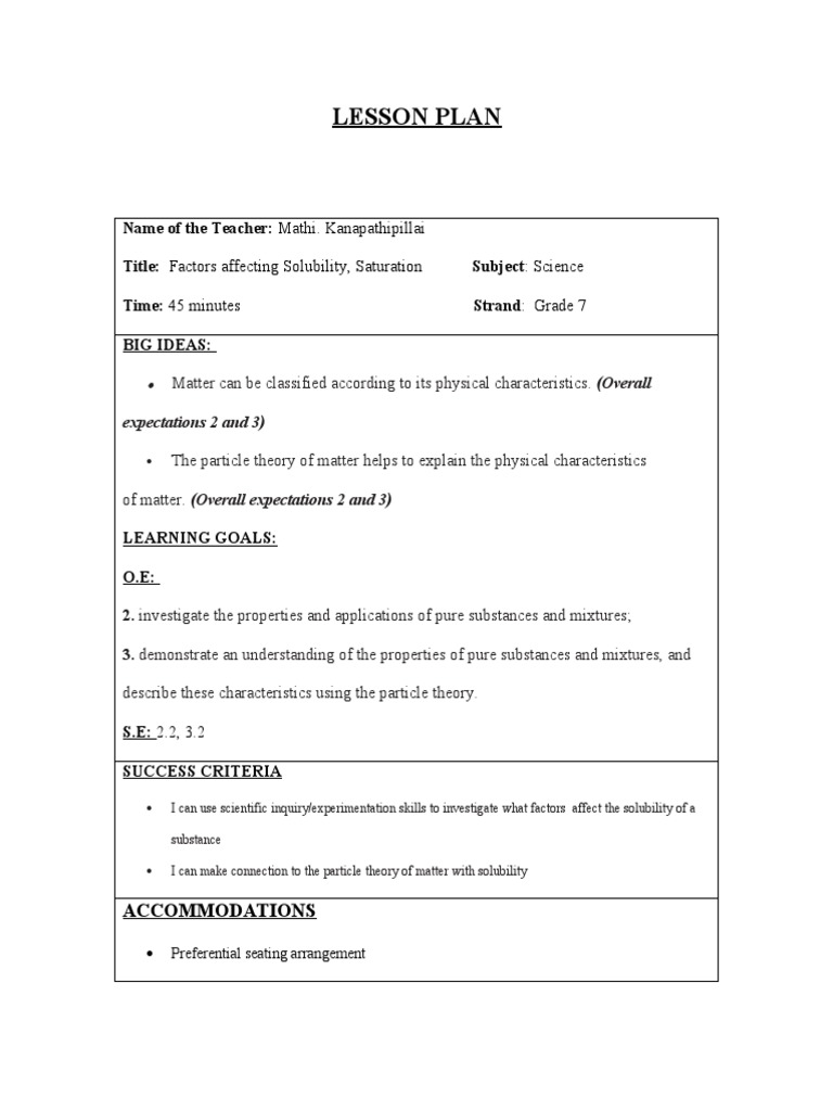 Lesson Plan Solubility | PDF | Solubility | Matter