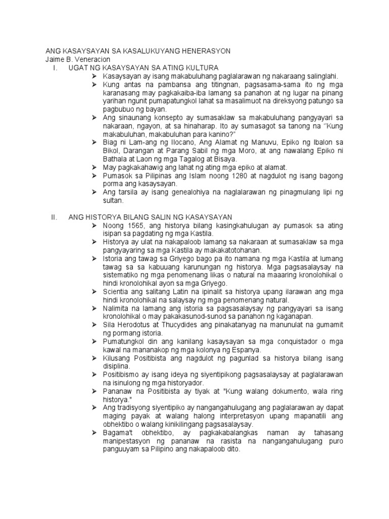 Ang Kasaysayan Sa Kasalukuyang Henerasyon RPH | PDF