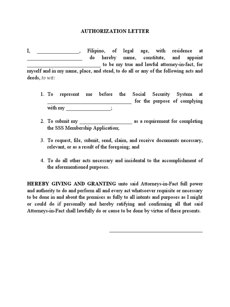 SSS Authorization Letter Template | PDF | Law