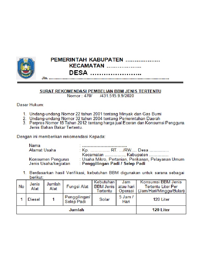 Surat Rekomendasi Pembelian Jenis BBM Tertentu (Solar) | PDF