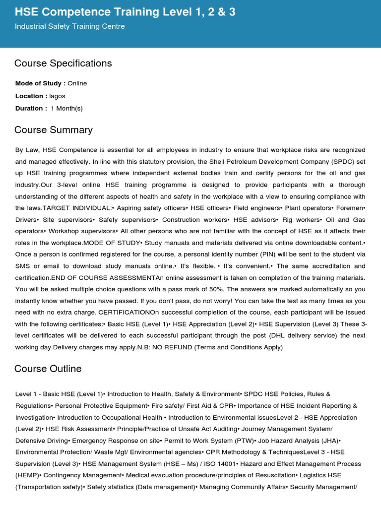 HSE Competence Training Level 1 2 and 3 | PDF | Occupational Safety And ...