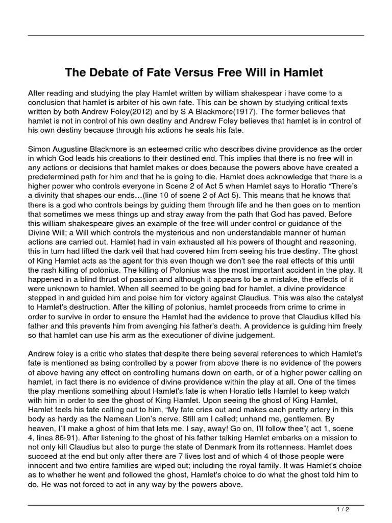 The Debate of Fate Versus Free Will in Hamlet | PDF | Hamlet | Destiny