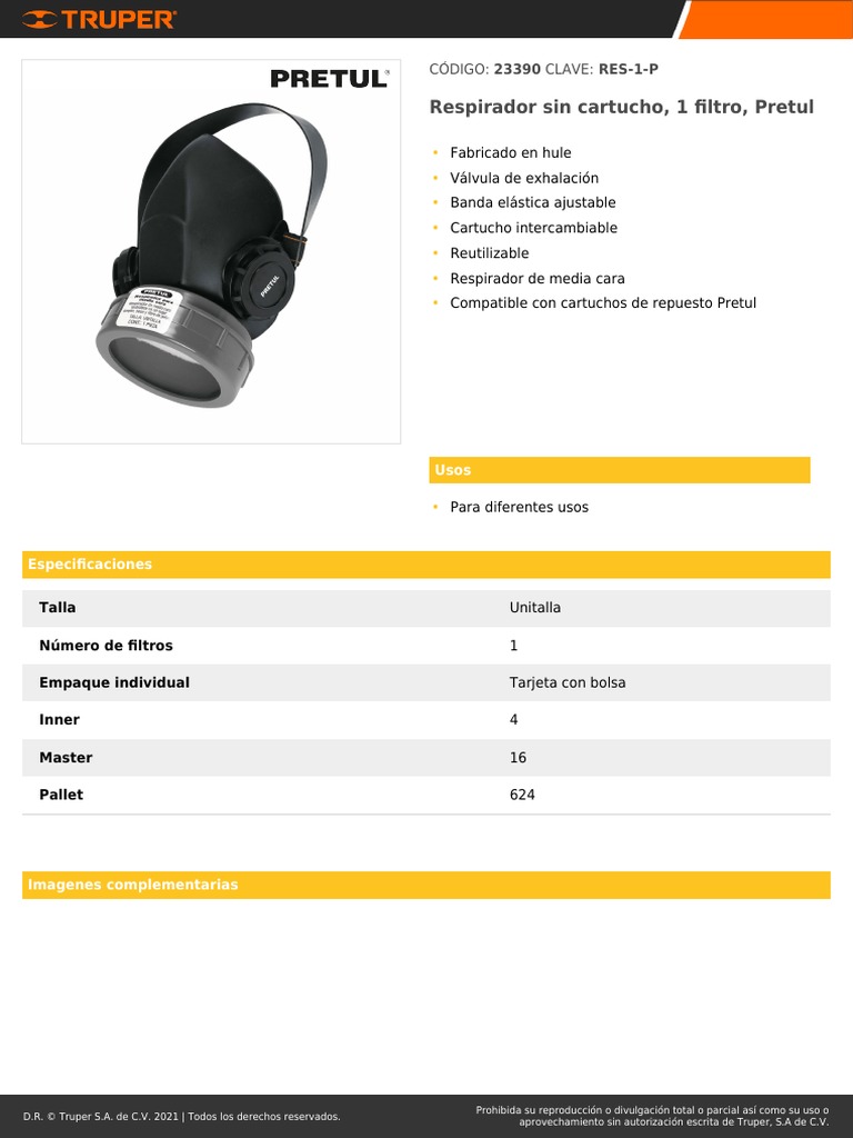 Respirador Sin Cartucho, 1 Filtro, Pretul | PDF