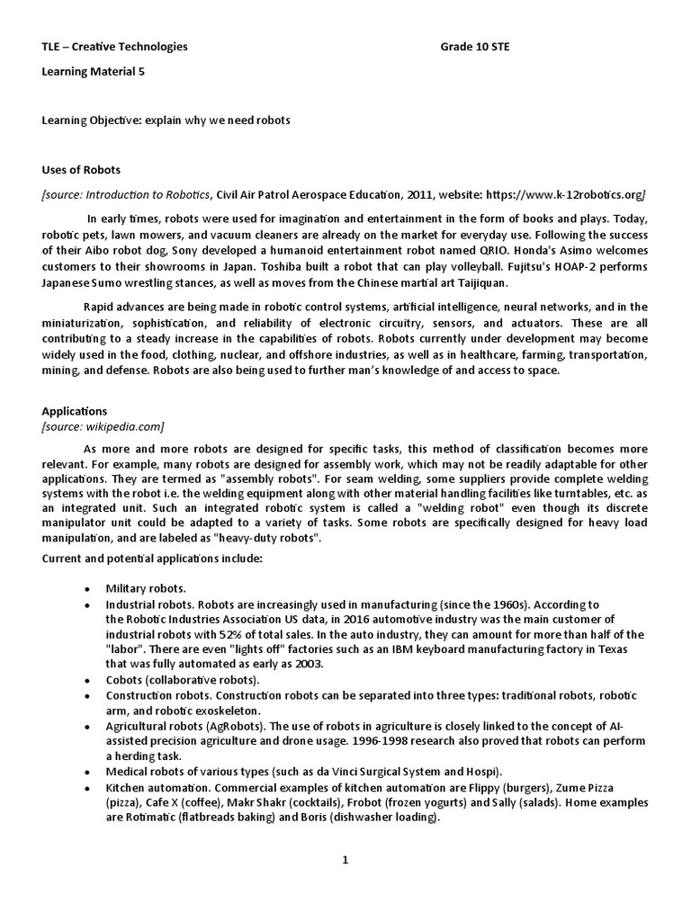 TLE CT Learning Material 5 | PDF | Robot | Robotics