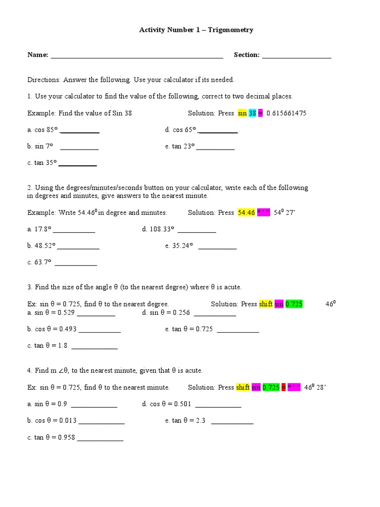 Activity Number 1 Trigonometry Pdf Trigonometry Triangle Geometry