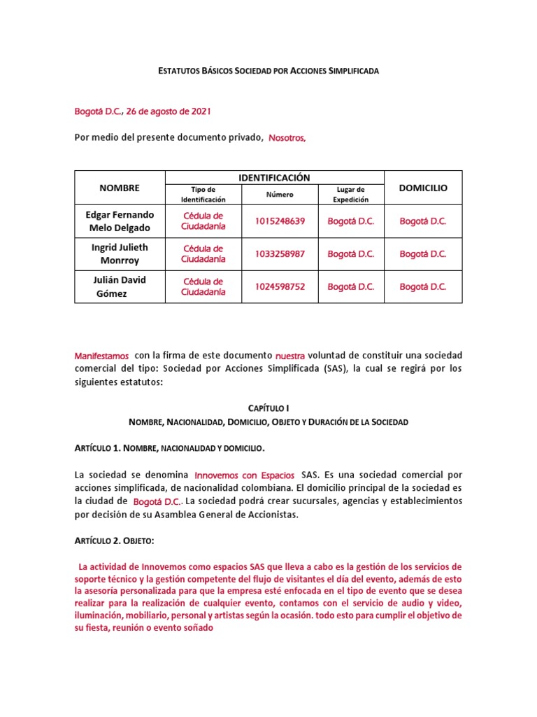 Revisión Modelo Estatutos SAS | PDF