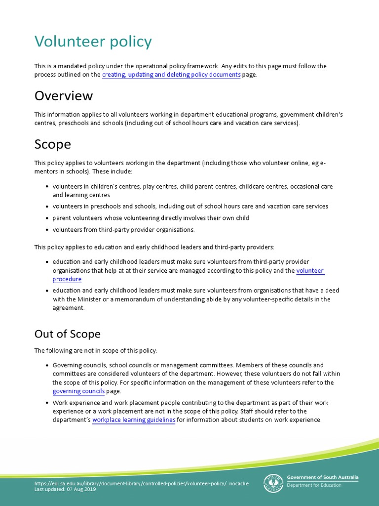 Volunteer policy overview | PDF | Volunteering | Early Childhood Education